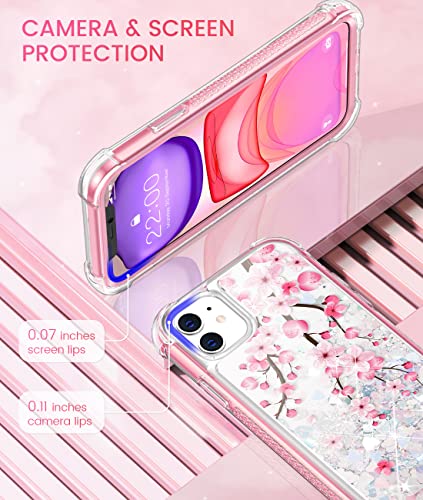 Caka Case for iPhone 11 Glitter Case Flower Bling Liquid Protective Full Body Heavy Duty with Built in Screen Protector Love Glitter Pink Blossom for Women Girl Case for iPhone 11 (6.1 inch)(Cherry)