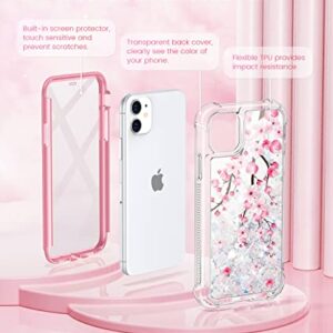 Caka Case for iPhone 11 Glitter Case Flower Bling Liquid Protective Full Body Heavy Duty with Built in Screen Protector Love Glitter Pink Blossom for Women Girl Case for iPhone 11 (6.1 inch)(Cherry)