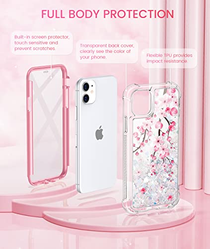 Caka Case for iPhone 11 Glitter Case Flower Bling Liquid Protective Full Body Heavy Duty with Built in Screen Protector Love Glitter Pink Blossom for Women Girl Case for iPhone 11 (6.1 inch)(Cherry)