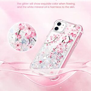 Caka Case for iPhone 11 Glitter Case Flower Bling Liquid Protective Full Body Heavy Duty with Built in Screen Protector Love Glitter Pink Blossom for Women Girl Case for iPhone 11 (6.1 inch)(Cherry)