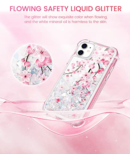 Caka Case for iPhone 11 Glitter Case Flower Bling Liquid Protective Full Body Heavy Duty with Built in Screen Protector Love Glitter Pink Blossom for Women Girl Case for iPhone 11 (6.1 inch)(Cherry)