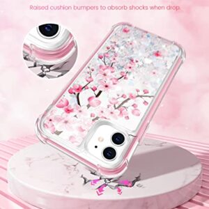 Caka Case for iPhone 11 Glitter Case Flower Bling Liquid Protective Full Body Heavy Duty with Built in Screen Protector Love Glitter Pink Blossom for Women Girl Case for iPhone 11 (6.1 inch)(Cherry)