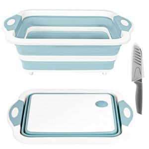 rottogoon collapsible cutting board, foldable chopping board with colander, multifunctional kitchen vegetable washing basket silicone dish tub for bbq prep/picnic/camping(light blue)