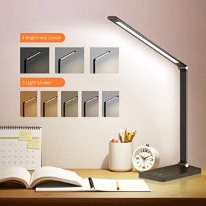 Samuyang LED Desk Lamp with USB Charging Port,Bedroom Eye-Caring Table Lamps,5 Lighting Modes&3 Brightness Levels,Touch Control Dimmable Foldable Office Lamp for Reading,Studying,Working