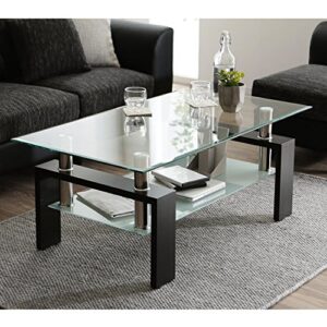 depointer life glass coffee table, rectangle modern side coffee table with lower shelf, perfect for living room conversation leisure occasions, metal leg, black