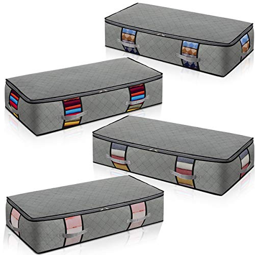 Lesteco Extra-Large Under Bed Storage Foldable Container [4-pack] Underbed Storage Bins with Strong Handle and Metal Zipper Clear Window Thick Fabric Grey Color