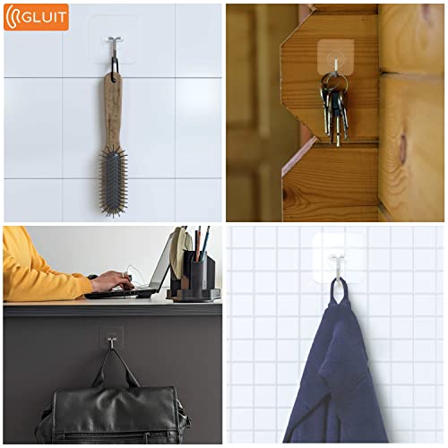 GLUIT Adhesive Hooks for Hanging Heavy Duty Wall Hooks 22 lbs Self Adhesive Sticky Hooks Waterproof Transparent Hooks for Keys Garage Outdoor Office Workshop Door Sticky Hook 12 Pack