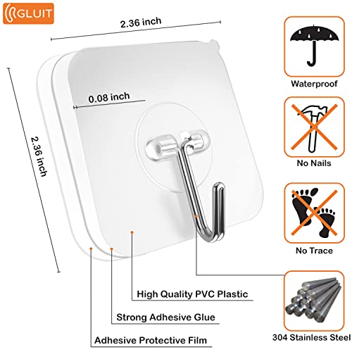 GLUIT Adhesive Hooks for Hanging Heavy Duty Wall Hooks 22 lbs Self Adhesive Sticky Hooks Waterproof Transparent Hooks for Keys Garage Outdoor Office Workshop Door Sticky Hook 12 Pack