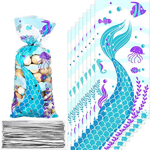 100 Pieces Mermaid Party Favors Bags Birthday Party Treat Bags Cellophane Clear Mermaid Tail Theme Cookie Candy Goodie Bags with 100 Silver Twist Ties for Under the Mermaid Sea Birthday Supplies