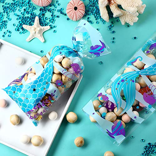 100 Pieces Mermaid Party Favors Bags Birthday Party Treat Bags Cellophane Clear Mermaid Tail Theme Cookie Candy Goodie Bags with 100 Silver Twist Ties for Under the Mermaid Sea Birthday Supplies