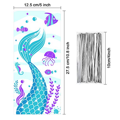 100 Pieces Mermaid Party Favors Bags Birthday Party Treat Bags Cellophane Clear Mermaid Tail Theme Cookie Candy Goodie Bags with 100 Silver Twist Ties for Under the Mermaid Sea Birthday Supplies