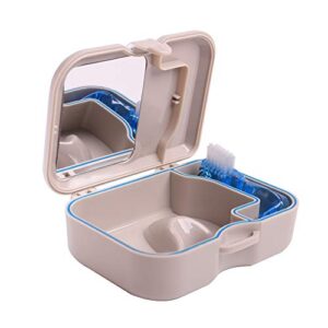 Denture Box Case Bath Container and Brush with Mirror False Teeth Storage Box for Travel Daily Denture Care