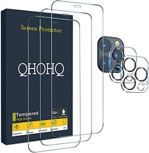 qhohq 3 pack screen protector for iphone 12 pro max 6.7" with 2 pack tempered glass camera lens protector, ultra hd, 9h hardness, scratch resistant, easy install - case friendly