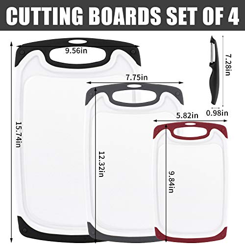 Cutting Boards for Kitchen, Plastic Chopping Board Set of 4 with Non-Slip Feet and Deep Drip Juice Groove, Easy Grip Handle, Dishwasher Safe, BPA Free, Non-porous