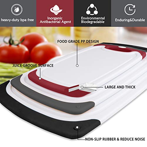 Cutting Boards for Kitchen, Plastic Chopping Board Set of 4 with Non-Slip Feet and Deep Drip Juice Groove, Easy Grip Handle, Dishwasher Safe, BPA Free, Non-porous