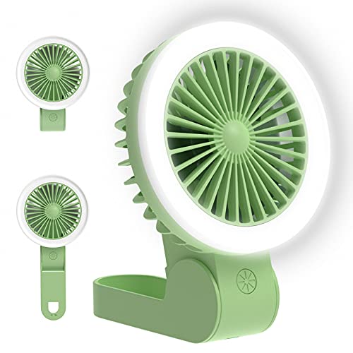 Mini Handheld Fan with LED Light, Adjustable USB Rechargeable Small Portable Personal Fan Foldable Stroller Desk Table Fan for Kids Girls Woman Home Office Outdoor Travel (Green)