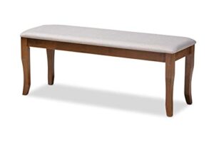 baxton studio cornelie modern and contemporary transitional grey fabric upholstered and walnut brown finished wood dining bench