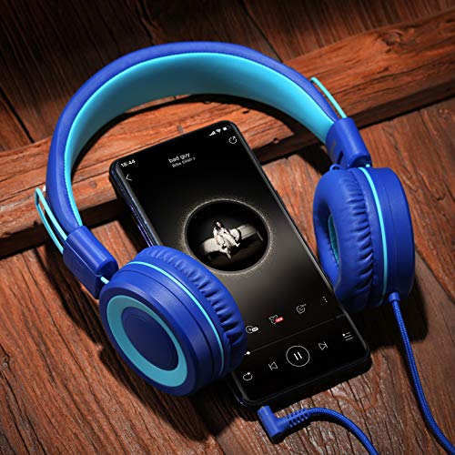 POWMEE P10 Kids Headphones with Microphone Stereo Headphones for Children Boys Girls,Adjustable 85dB/94dB Volume Control Foldable On-Ear Headphone with Microphone for School/PC/Cellphone(Blue)