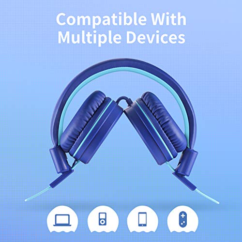 POWMEE P10 Kids Headphones with Microphone Stereo Headphones for Children Boys Girls,Adjustable 85dB/94dB Volume Control Foldable On-Ear Headphone with Microphone for School/PC/Cellphone(Blue)