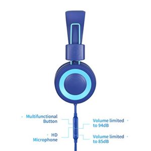 POWMEE P10 Kids Headphones with Microphone Stereo Headphones for Children Boys Girls,Adjustable 85dB/94dB Volume Control Foldable On-Ear Headphone with Microphone for School/PC/Cellphone(Blue)