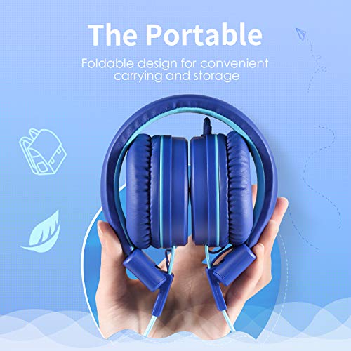 POWMEE P10 Kids Headphones with Microphone Stereo Headphones for Children Boys Girls,Adjustable 85dB/94dB Volume Control Foldable On-Ear Headphone with Microphone for School/PC/Cellphone(Blue)