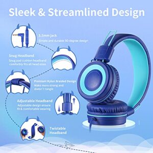 POWMEE P10 Kids Headphones with Microphone Stereo Headphones for Children Boys Girls,Adjustable 85dB/94dB Volume Control Foldable On-Ear Headphone with Microphone for School/PC/Cellphone(Blue)