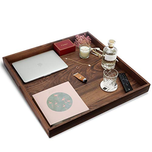 MAGIGO 26 x 26 Inches Extra Large Square Black Walnut Wood Ottoman Tray with Handles, Serve Tea, Coffee Classic Wooden Decorative Serving Tray