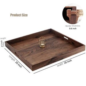 MAGIGO 26 x 26 Inches Extra Large Square Black Walnut Wood Ottoman Tray with Handles, Serve Tea, Coffee Classic Wooden Decorative Serving Tray