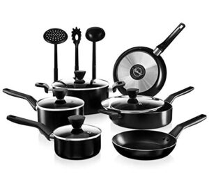 nutrichef 13-piece nonstick cookware ptfe/pfoa/pfos free heat resistant kitchen ware set w/saucepan, frying pans, cooking pots, casserole, lids, ladle, fork, strainer nccwa13, black