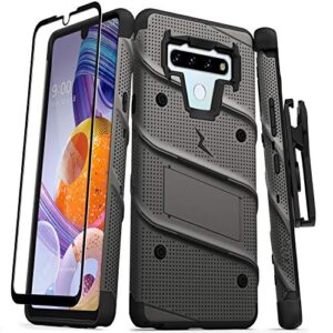 zizo bolt series for lg stylo 6 case with screen protector kickstand holster lanyard - gun metal gray & black