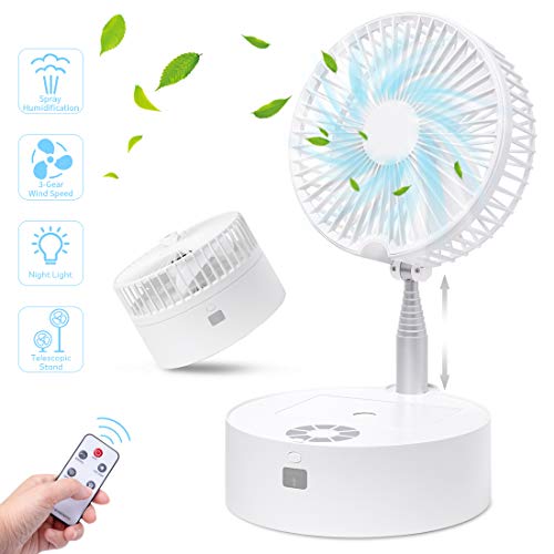 Portable Fan Oscillating Fan, Small Standing Up Floor Fan, Rechargeable Table Fan Quiet with Remote Night Light Air Humidifier, 3 Speeds, Telescopic Stand, for Bedroom Desktop Camping Dorm