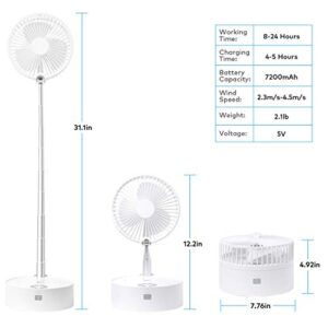 Portable Fan Oscillating Fan, Small Standing Up Floor Fan, Rechargeable Table Fan Quiet with Remote Night Light Air Humidifier, 3 Speeds, Telescopic Stand, for Bedroom Desktop Camping Dorm