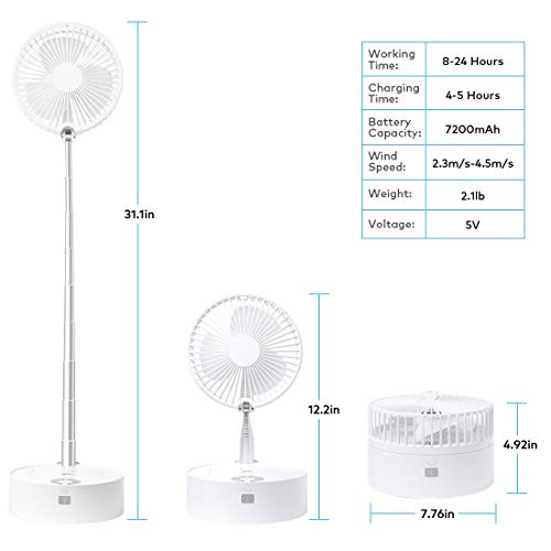 Portable Fan Oscillating Fan, Small Standing Up Floor Fan, Rechargeable Table Fan Quiet with Remote Night Light Air Humidifier, 3 Speeds, Telescopic Stand, for Bedroom Desktop Camping Dorm