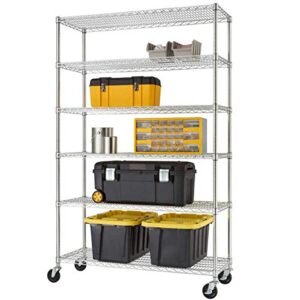 6-tie metal storage shelves, 48" x 18" x 72" wire shelving unit w/wheels, 6000 lbs heavy duty industrial utility steel storage rack, nsf ultradurable shelf organizer racks for garage kitchen storage