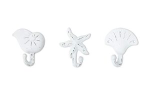 sea snail starfish shell shape cast iron nautical wall hooks set, 3-pack assorted rustic white seaside-themed wall mount coat hooks, beach coastal wall decor