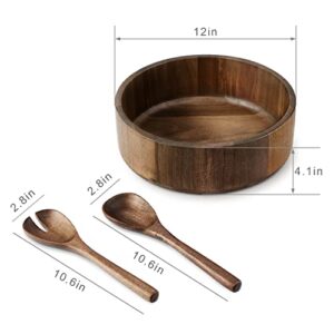 Miusco Natural Acacia Wooden Large Salad Serving Bowl with Tongs Set, 12 Inch, 200 Oz./6.25 Quarts, Spoons Included, Premium Handcrafted Wood Bowl and Utensils Set, Great Holiday Gift