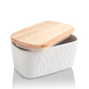 koov porcelain large butter dish with lid for countertop, airtight butter container with oak lid, butter crock, perfect for 2 sticks of butter, texture series (white)