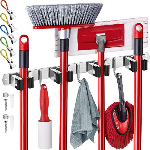 EFFEKTIVTOOLS Mop and Broom Holder Wall Mount – Self-Adhesive Stainless Steel broom hanger organizer – 4 Clamps, 3 Hooks, 5 Towel Hanging Clips Mounting Screws – Holds Up to 40 Lbs