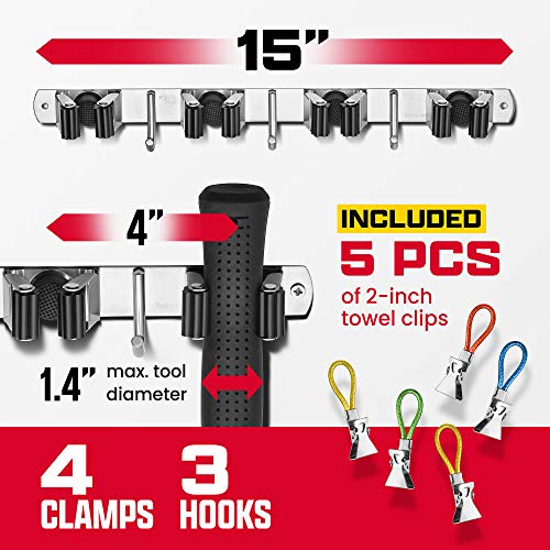 EFFEKTIVTOOLS Mop and Broom Holder Wall Mount – Self-Adhesive Stainless Steel broom hanger organizer – 4 Clamps, 3 Hooks, 5 Towel Hanging Clips Mounting Screws – Holds Up to 40 Lbs