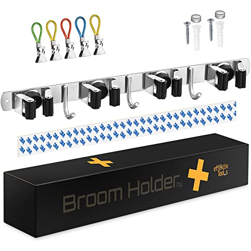 EFFEKTIVTOOLS Mop and Broom Holder Wall Mount – Self-Adhesive Stainless Steel broom hanger organizer – 4 Clamps, 3 Hooks, 5 Towel Hanging Clips Mounting Screws – Holds Up to 40 Lbs