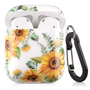 sunflower airpod case, shockproof hard case cover with keychain for apple airpod case 2nd 1st generation, case for airpod boys girls, front led visible, support to wireless charging