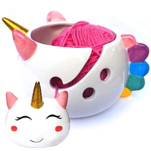 Unicorn Yarn Bowl for Knitting - Ceramic Knitting Bowl Extra Large 8.5”- Ceramic Yarn Bowl Crochet Accessories Yarn Holder Storage Gift for Knitters