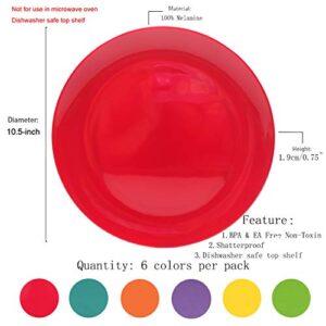 KOXIN-KARLU Melamine Plates, 10.5-inch Dinner Plates Dinnerware Dish, set of 6 in 6 Assorted Colors | 100% Melamine, Dishwasher Safe, BPA Free