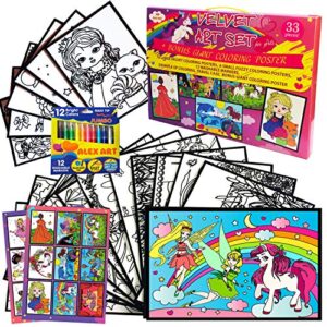 velvet coloring posters for girl gifts - unicorn princess arts and crafts kit - creative art set - best christmas birthday gift for 5 6 7 year old girls - fuzzy posters to color for kids ages 6-8