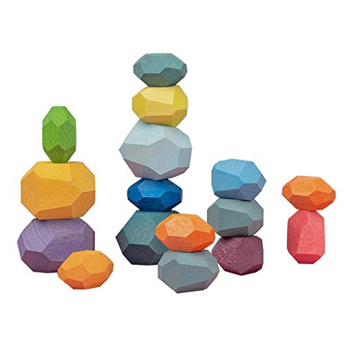 TACY Wooden Stacking Stones Games Rainbow Wood Rocks Toy Balancing Blocks Set Early Education Building Creative Colored Wooden Stones Stacking Toys (16Pcs)