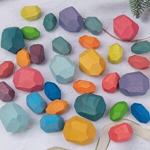 TACY Wooden Stacking Stones Games Rainbow Wood Rocks Toy Balancing Blocks Set Early Education Building Creative Colored Wooden Stones Stacking Toys (16Pcs)