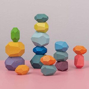 TACY Wooden Stacking Stones Games Rainbow Wood Rocks Toy Balancing Blocks Set Early Education Building Creative Colored Wooden Stones Stacking Toys (16Pcs)