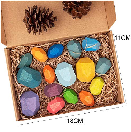 TACY Wooden Stacking Stones Games Rainbow Wood Rocks Toy Balancing Blocks Set Early Education Building Creative Colored Wooden Stones Stacking Toys (16Pcs)