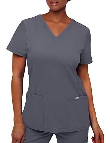 SOULFUL SCRUBS for Women 2 Pocket, Women Scrubs Top V-Neck Regular fit - Stylish Medical Scrub Tops for Woman 3002 Chloe- Large Pewter