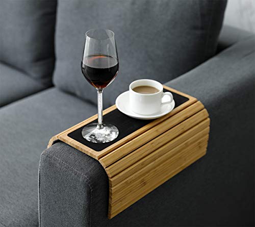 Sofa Arm Tray Table Slinky Secure/Flexible/Foldable Couch Tray Table with Non-Slip Mat for Drinks, Food, Phone or Remote. Sustainable Slinky Bamboo Design (16.5"L x 13.25"W x 0.4"H, Natural Bamboo)